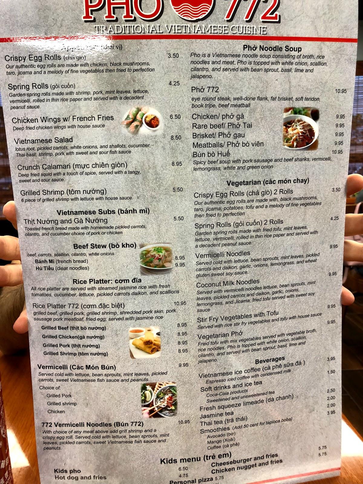 Menu at Phở 772 restaurant, Jensen Beach