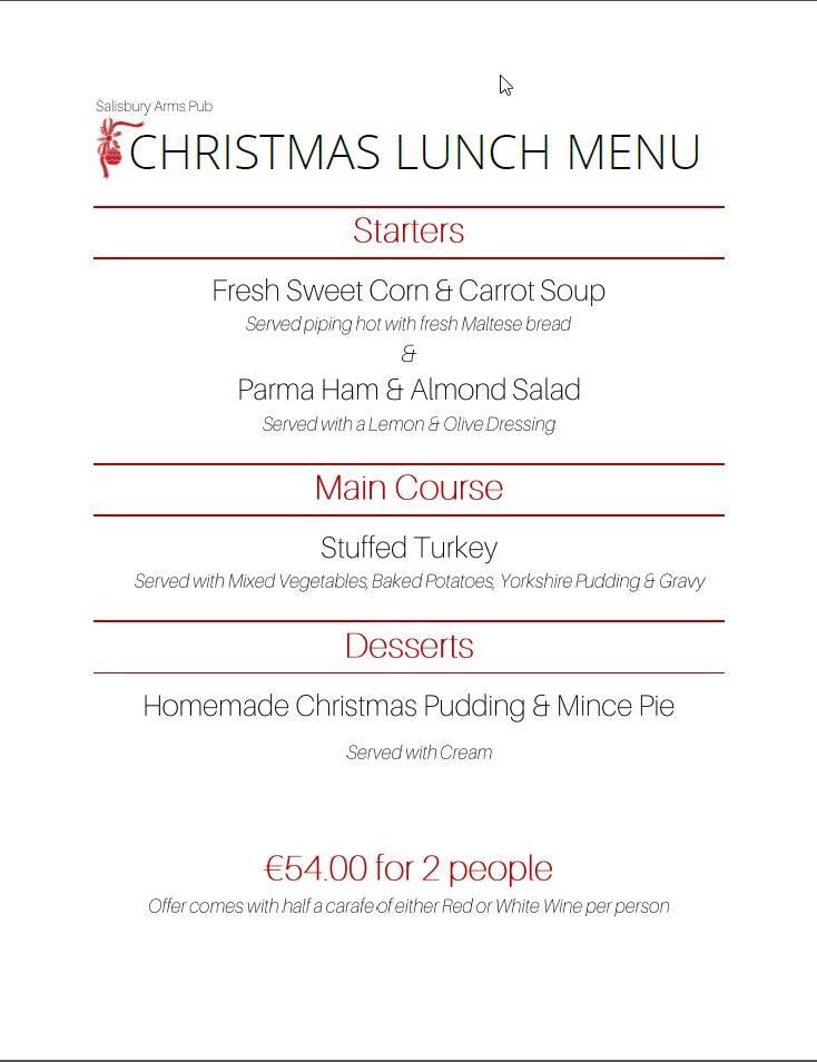 Menu at Salisbury Arms pub & bar, Sliema