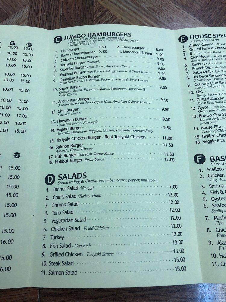 Menu at Scottie's Sub Shop fast food, Anchorage