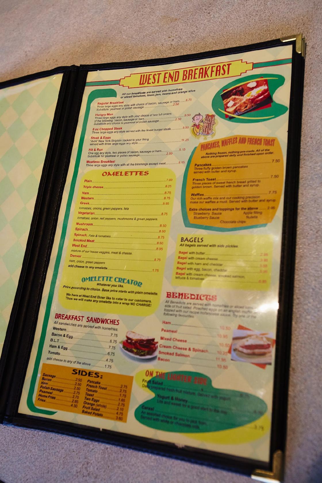 Menu at West End Diner restaurant, Hamilton