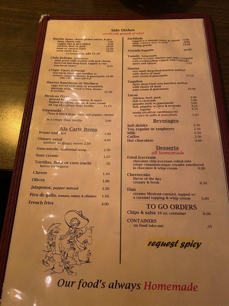Menu at Compadres restaurant, Dayton