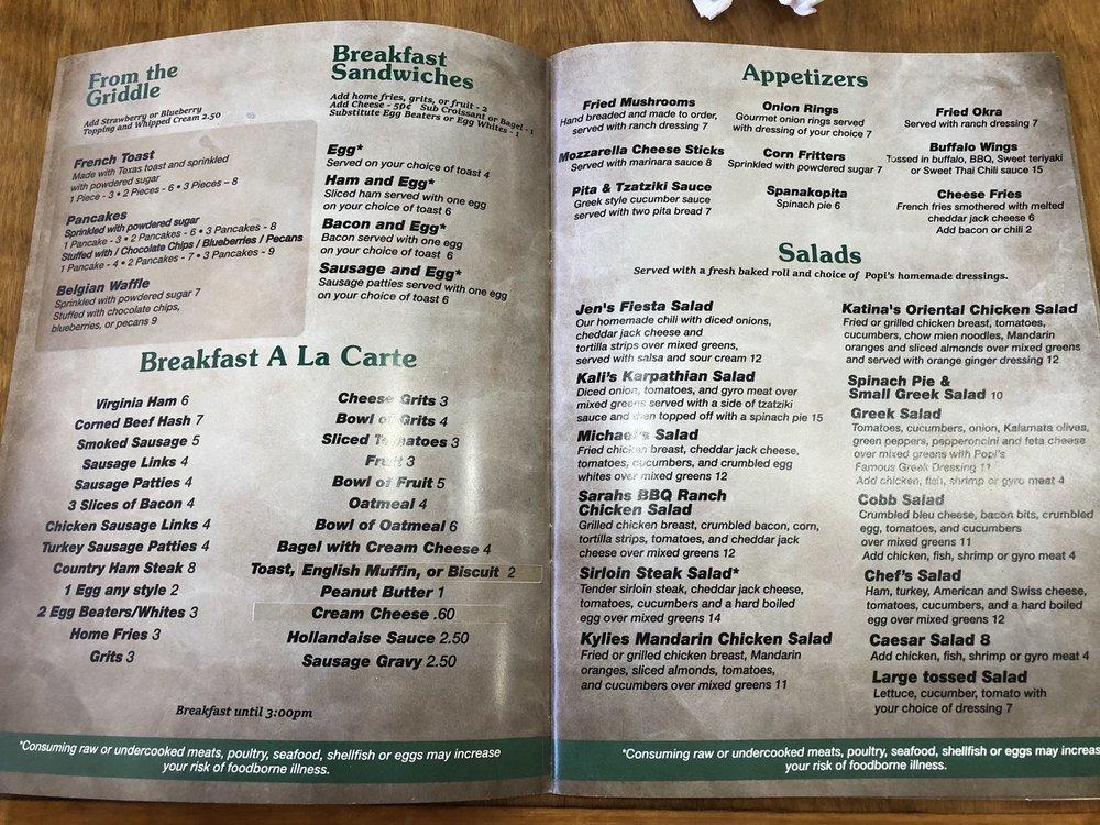 Menu at Popi's Place IV restaurant, Ellenton, US-301