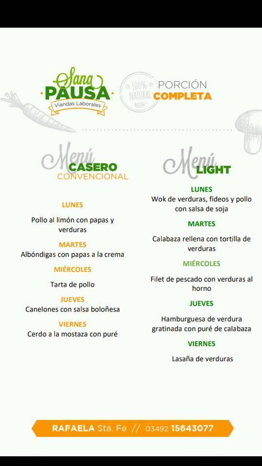 Menu at Sana pausa restaurant, Rafaela