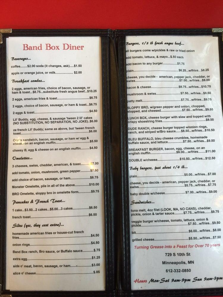 Menu at Band Box Diner restaurant, Minneapolis