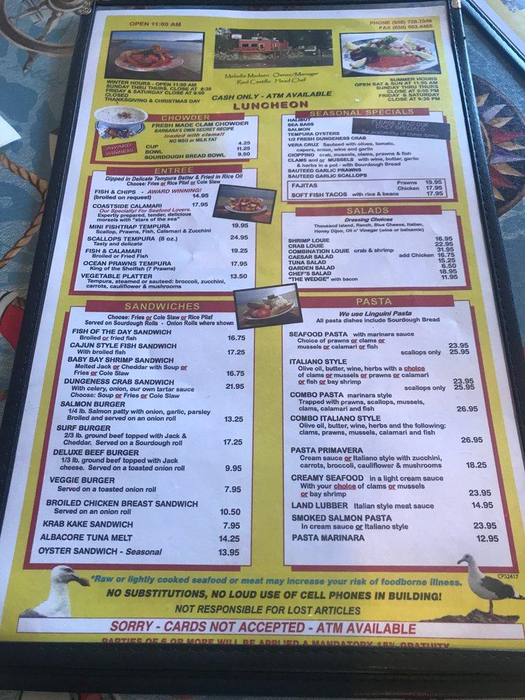 Menu at Barbara's Fishtrap, Half Moon Bay