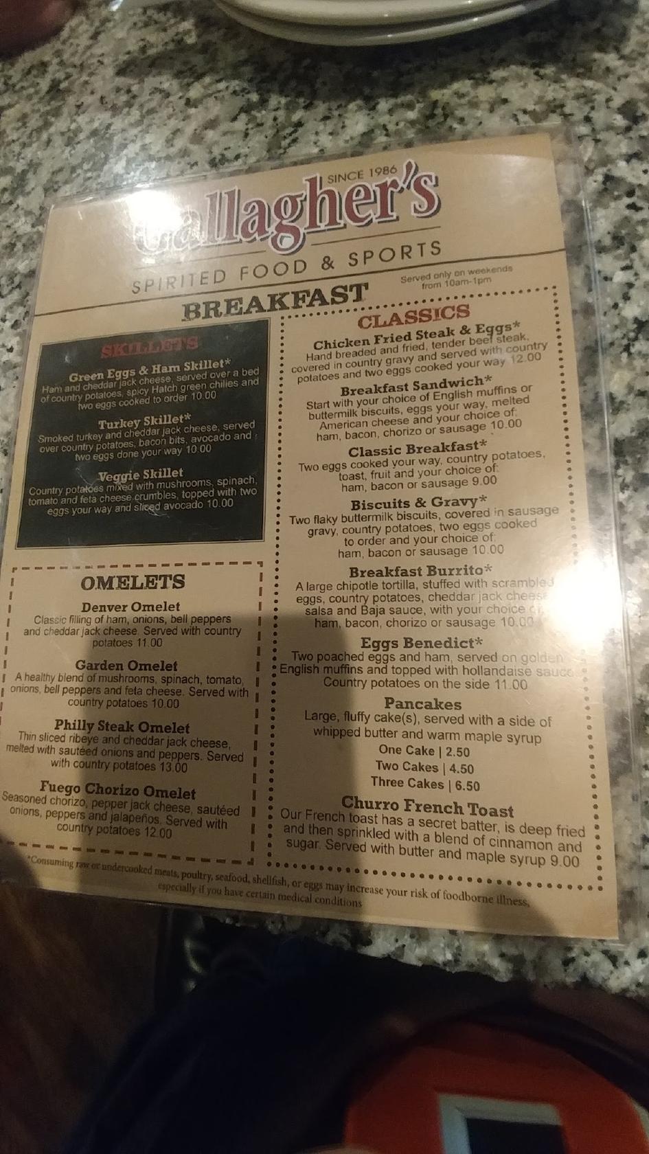 Menu at Gallagher's Sports Grill pub & bar, Phoenix, N 16th St