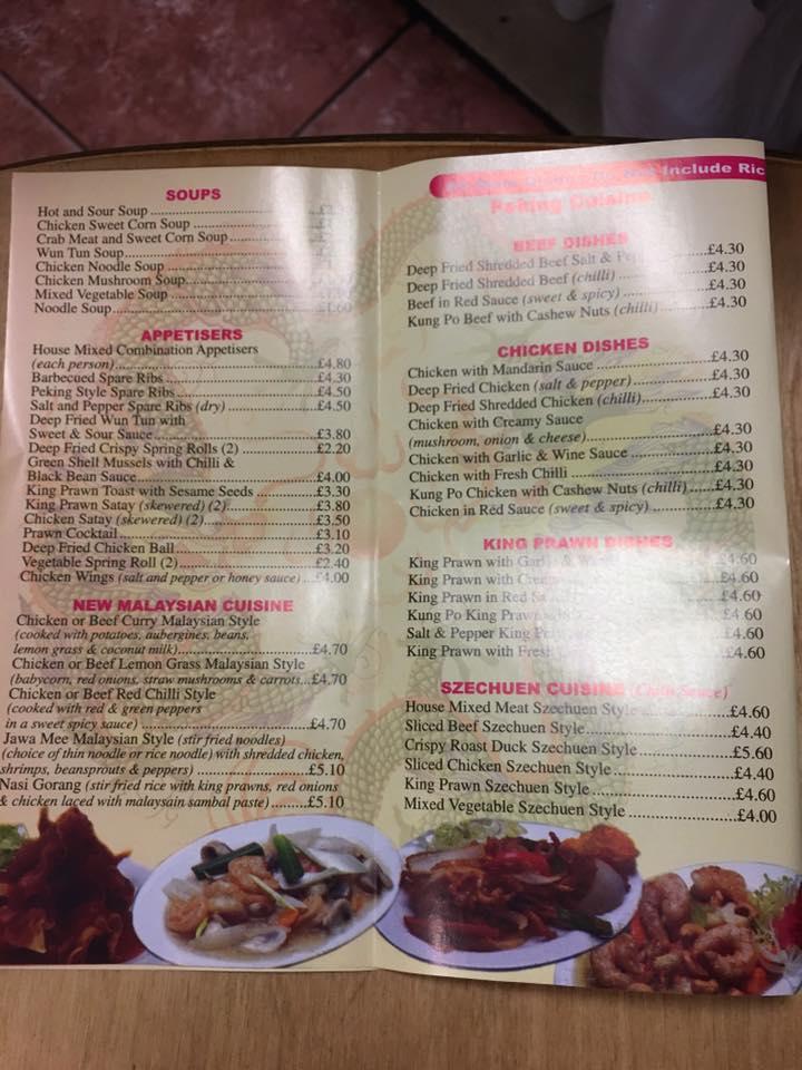 Menu at Golden Dragon fast food, Glasgow, 5 Lochleven Road