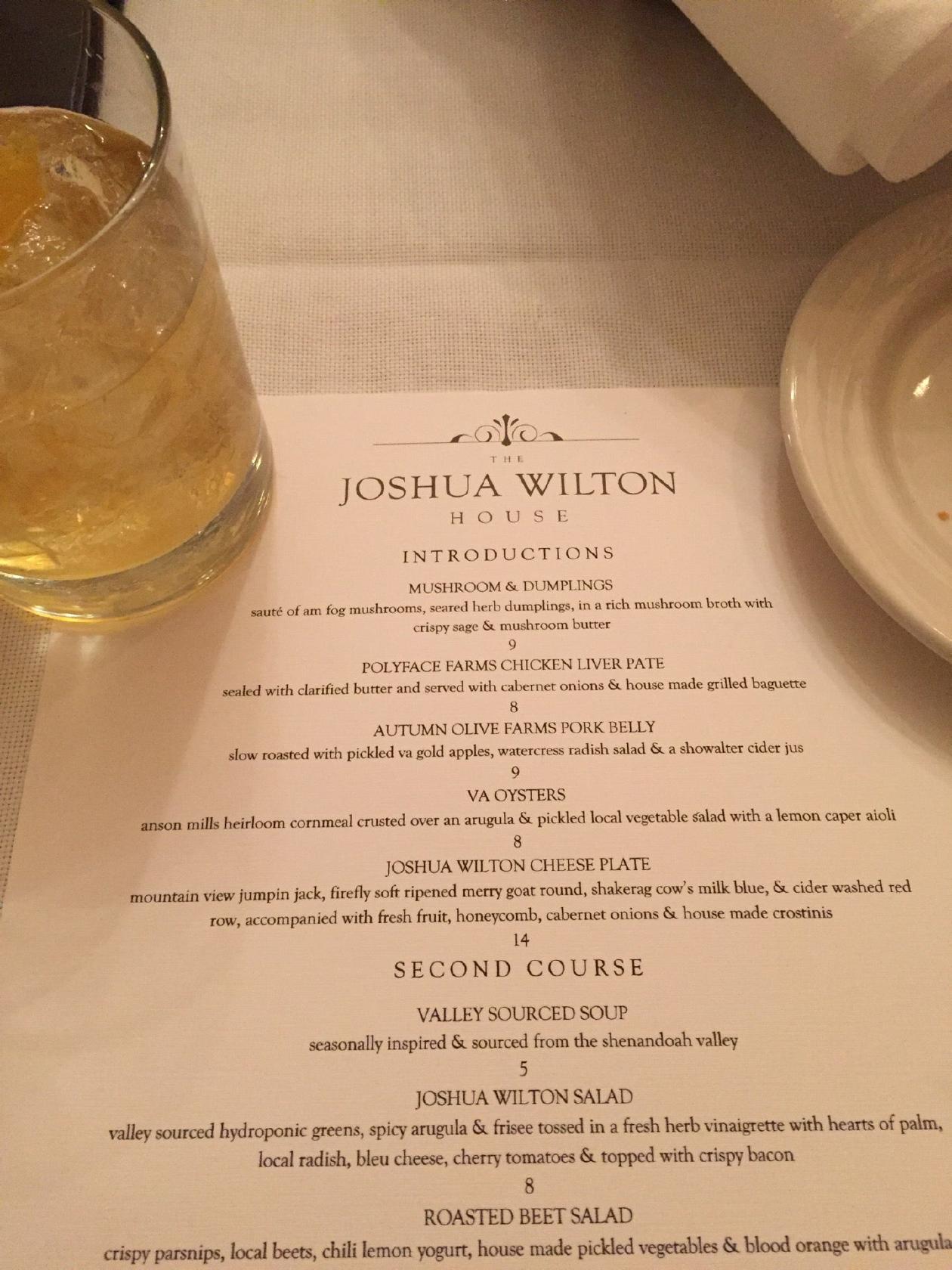 Menu at Joshua Wilton House restaurant, Harrisonburg