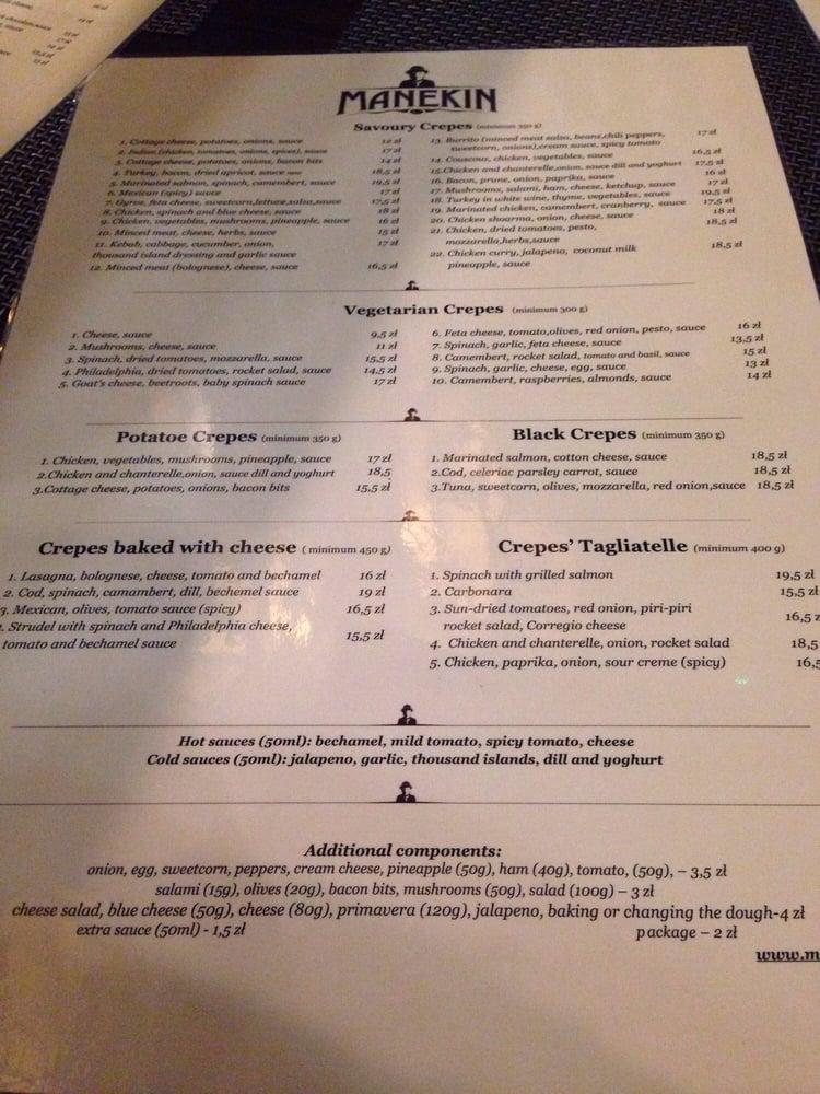 Menu at Manekin restaurant, Warsaw, Marszałkowska 140