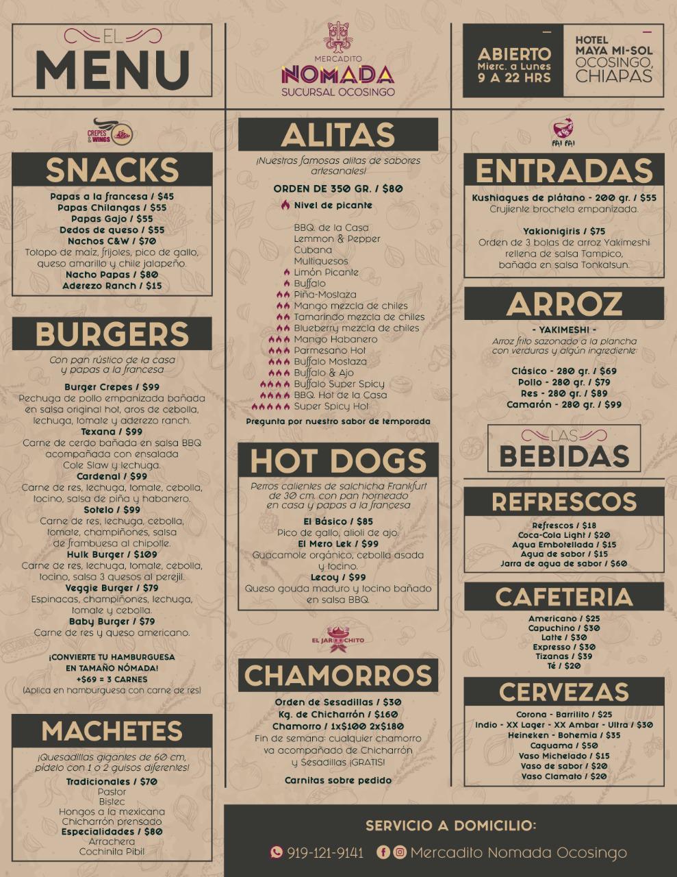 Carta del restaurante Nomada Ocosingo, Ocosingo