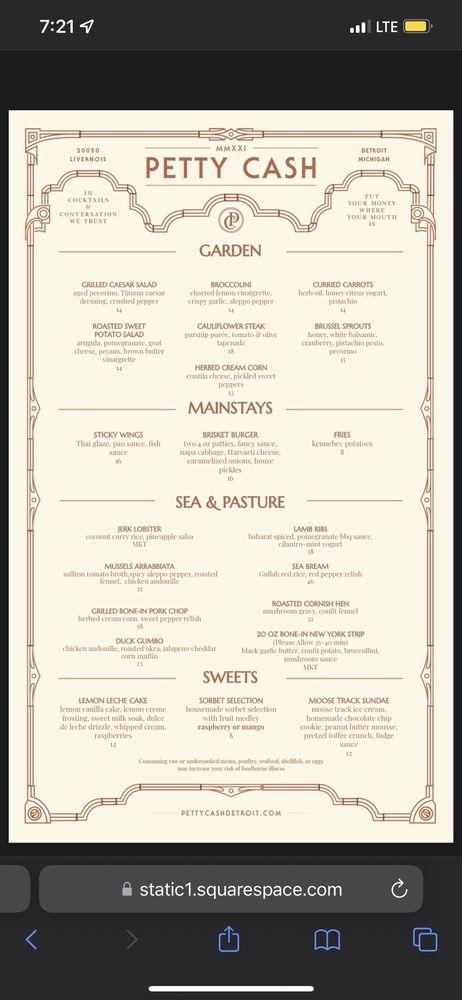 Menu at Petty Cash pub & bar, Detroit