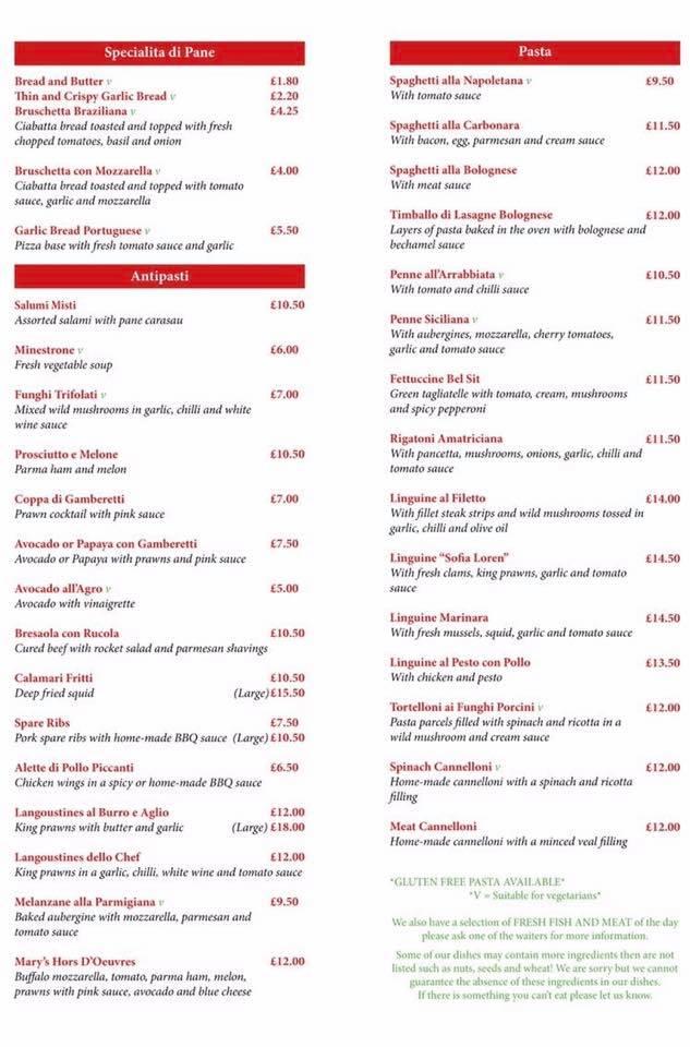 Carta de Pizzeria Bel-Sit, Woodford