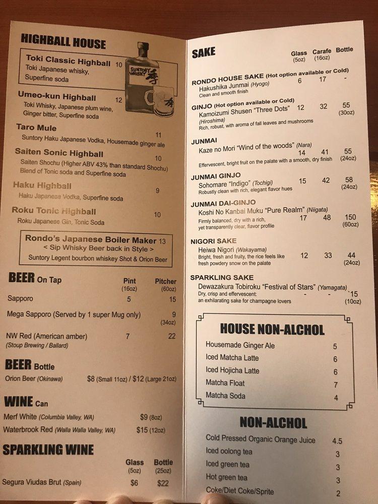 Menu at Rondo Japanese Kitchen restaurant, Seattle