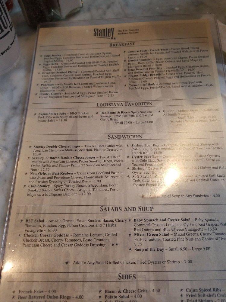 Menu at Stanley of New Orleans restaurant, New Orleans