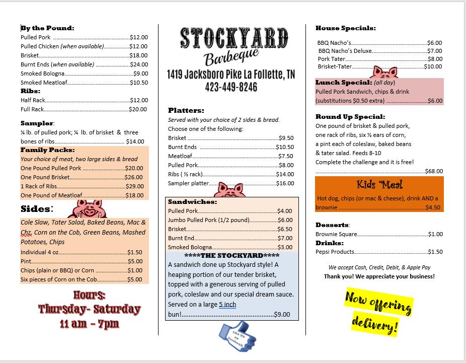 Menu at STOCKYARD BBQ, LaFollette