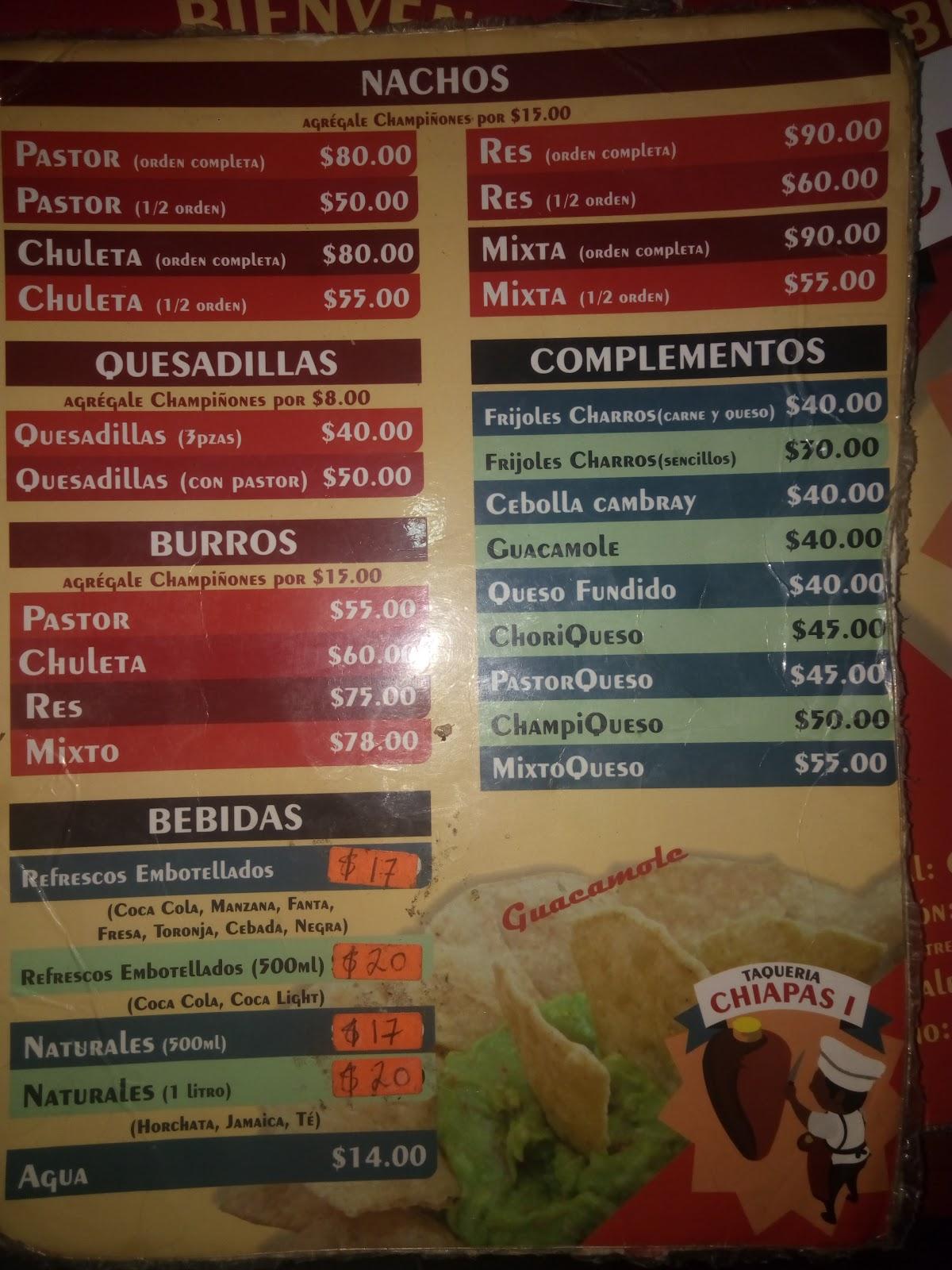 Menu at TAQUERIA CHIAPAS II restaurant, Merida