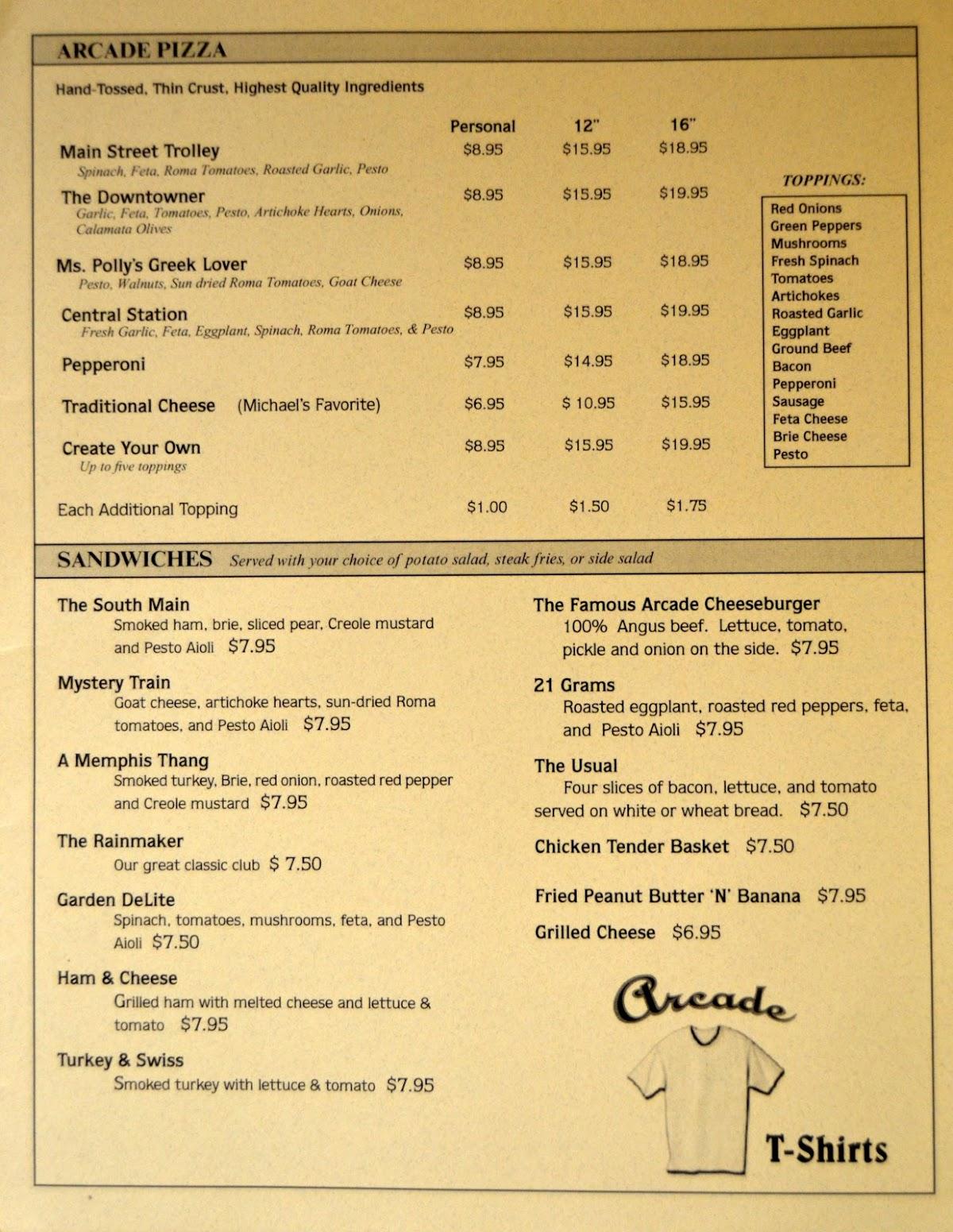 Menu at The Arcade Restaurant, Memphis