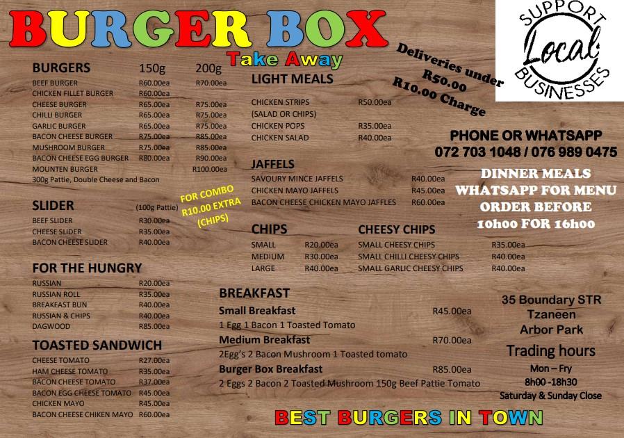 Speisekarte von The Burger Box restaurant, Tzaneen