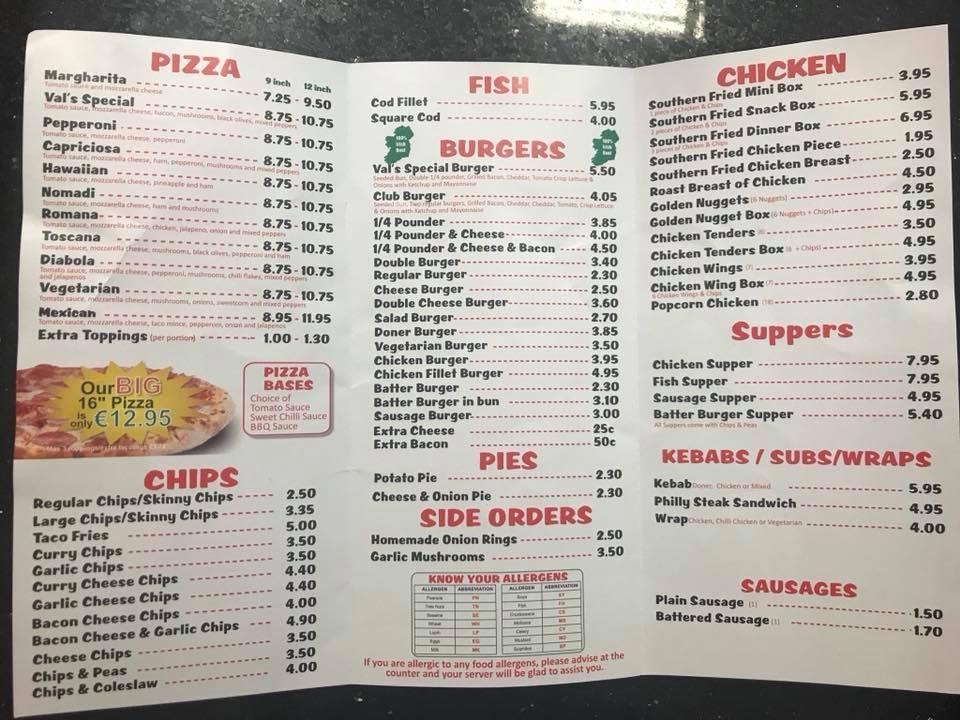 Menu at Vals Takeaway restaurant, Macroom