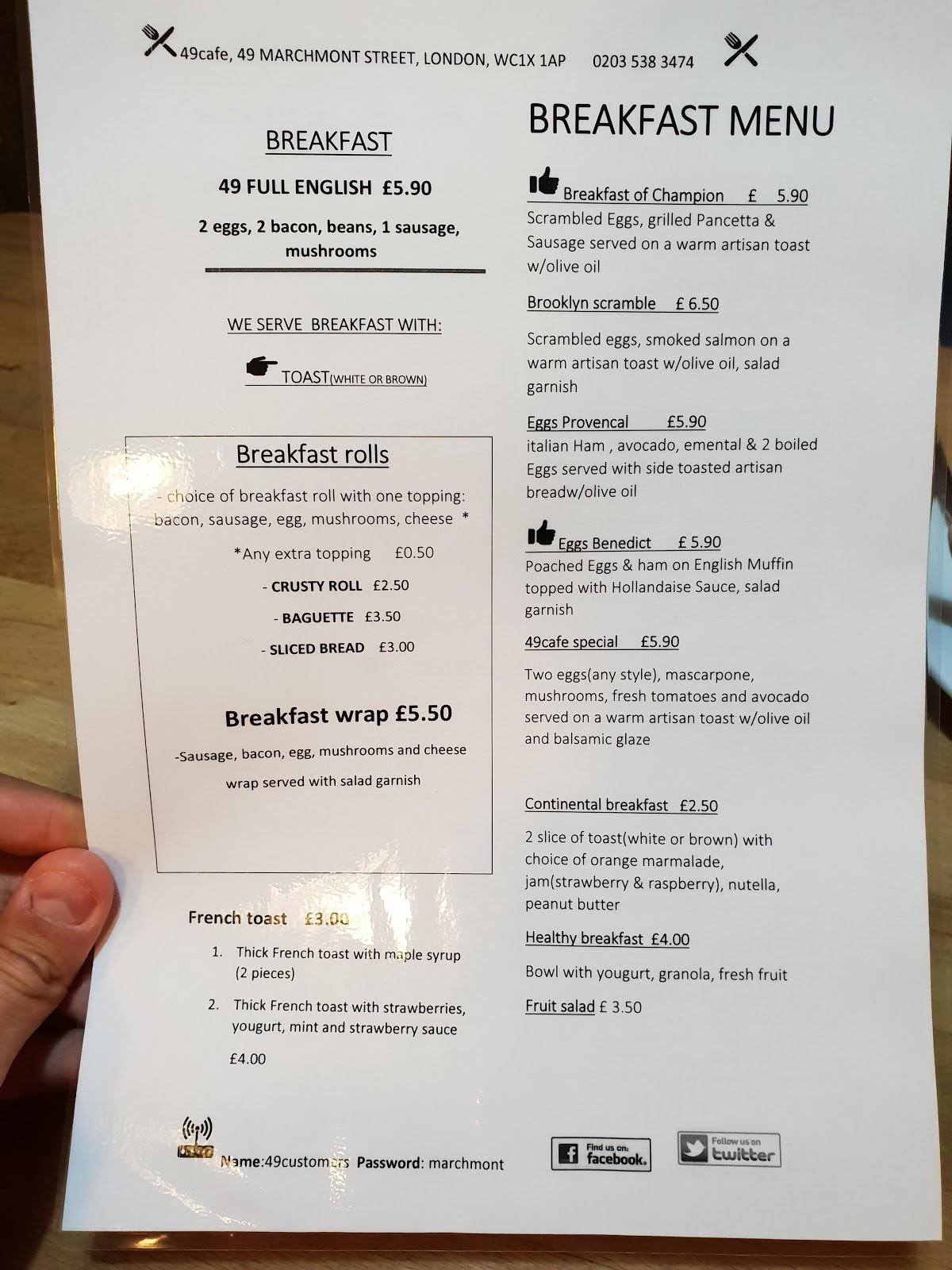 Menu at 49 Cafe, London