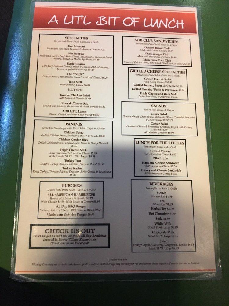 Menu at All Day Breakfast restaurant, Biddeford, 420 Alfred Rd Ste 164