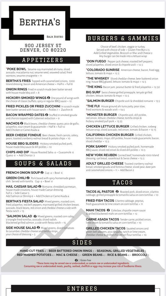 Menu at Bertha's Baja Bistro restaurant, Denver