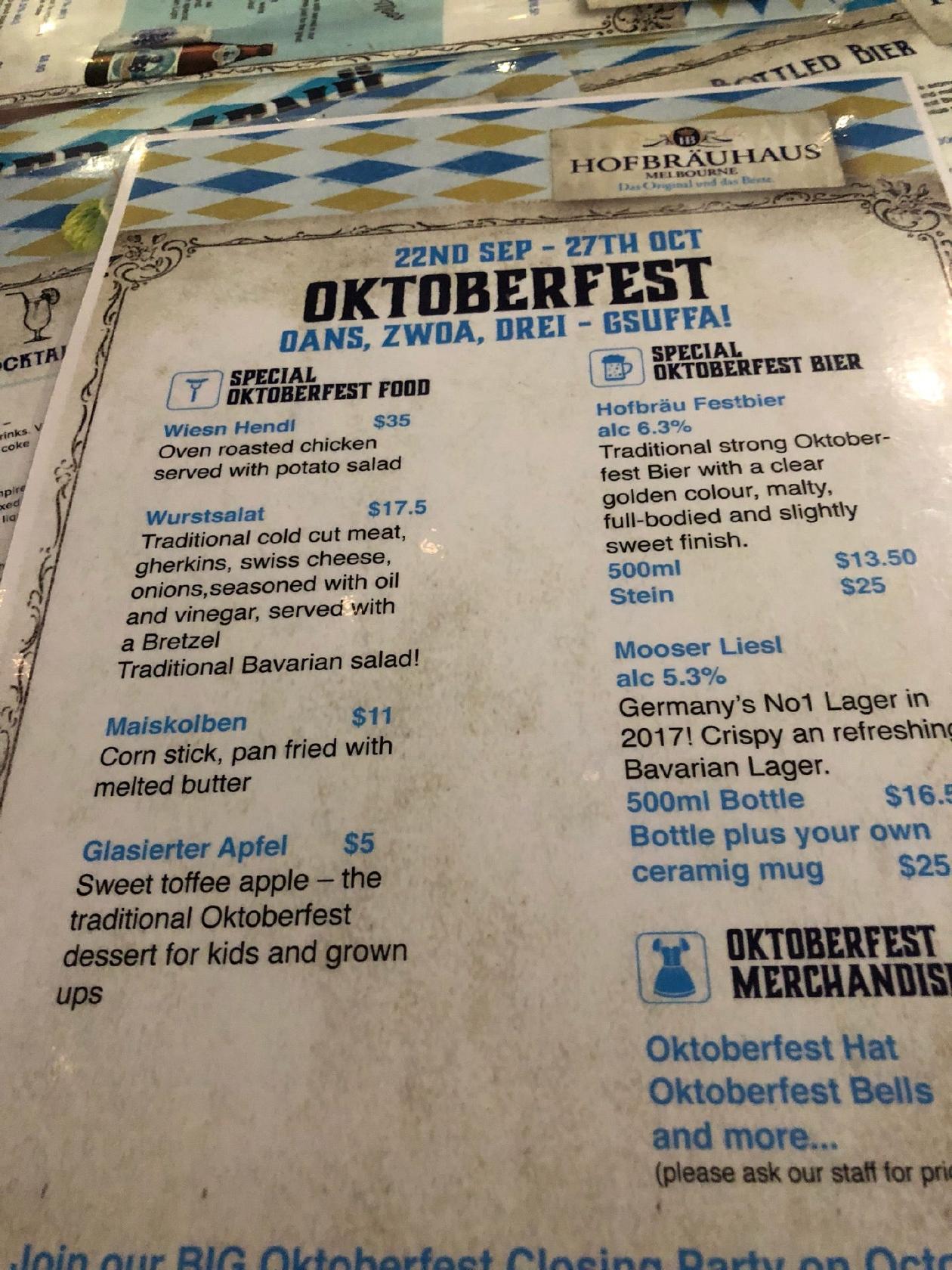 Menu at Hofbräuhaus Melbourne pub & bar, Melbourne, 18-28 Market Ln