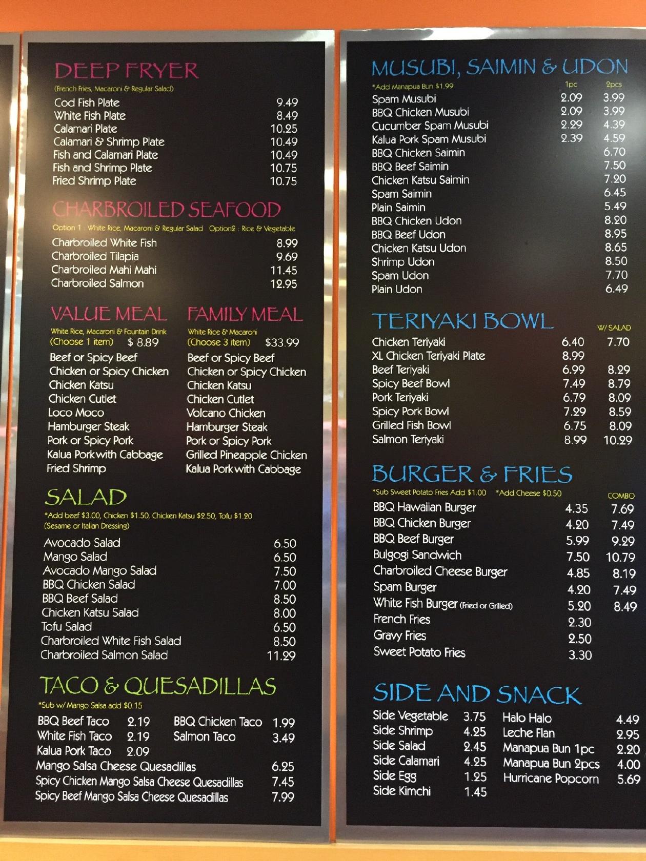 Menu at Moana Hawaiian BBQ, Burbank