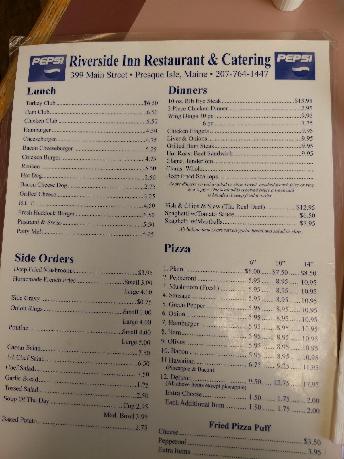 Menu at Riverside Inn Restaurant, Presque Isle