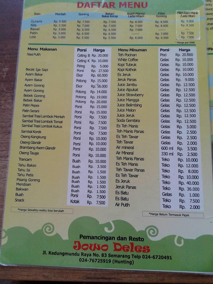 Menu at pemancingan dan resto jowo deles restaurant, Semarang
