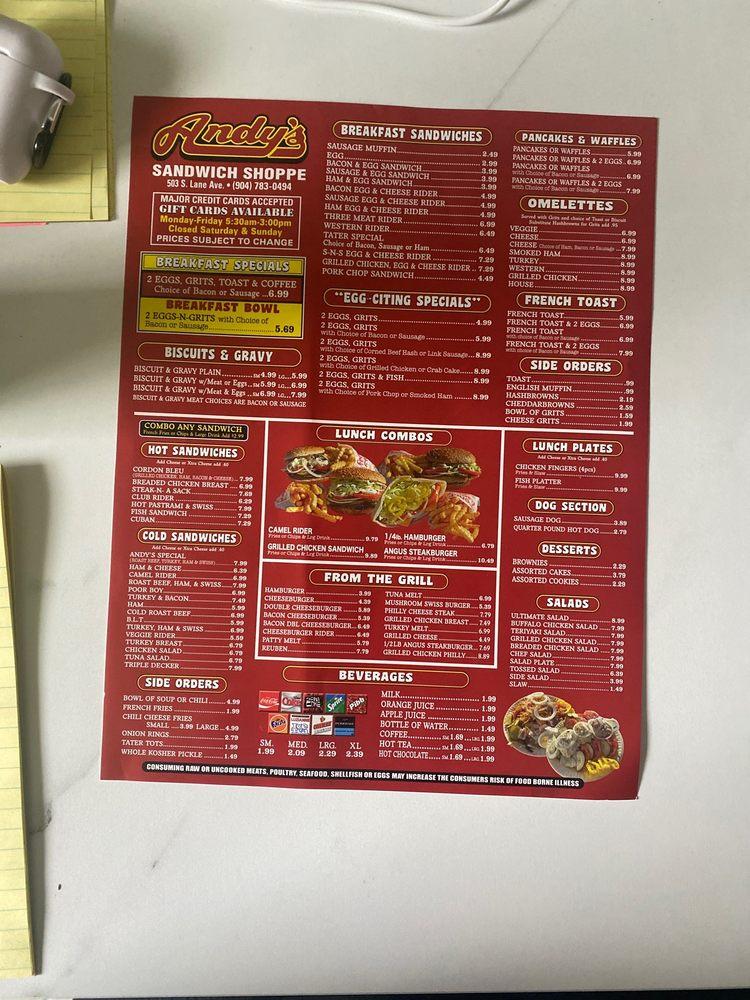 Menu at Andy's Sandwich Shoppe fast food, Jacksonville, 503 Lane Ave S