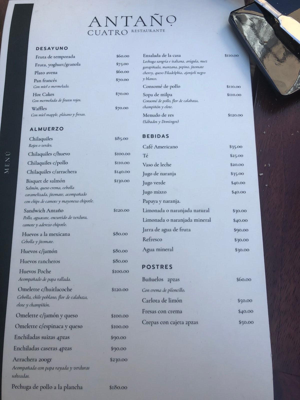 Menu at Antaño Cuatro restaurant, San Miguel de Allende