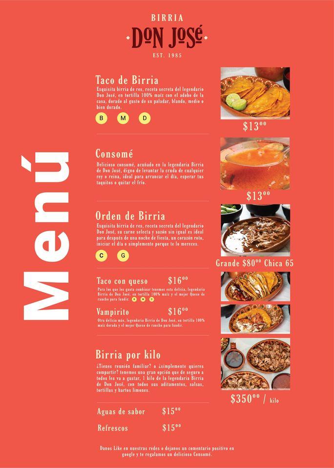 Menu at Don Jose Birria restaurant, Zapopan