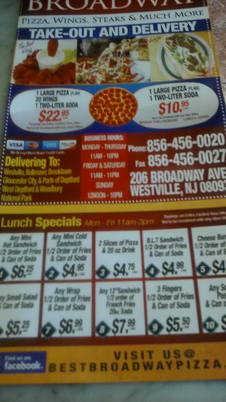 Menu at Broadway Pizza pizzeria, Westville