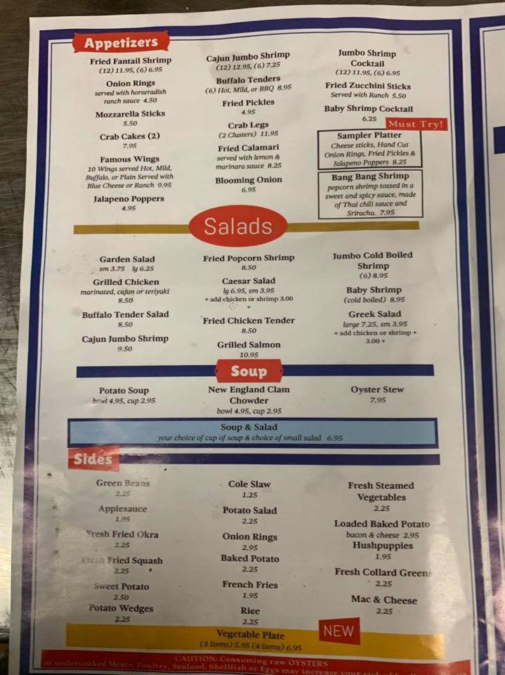 Menu at Captain's Galley Seafood restaurant, Granite Falls, Hickory Blvd