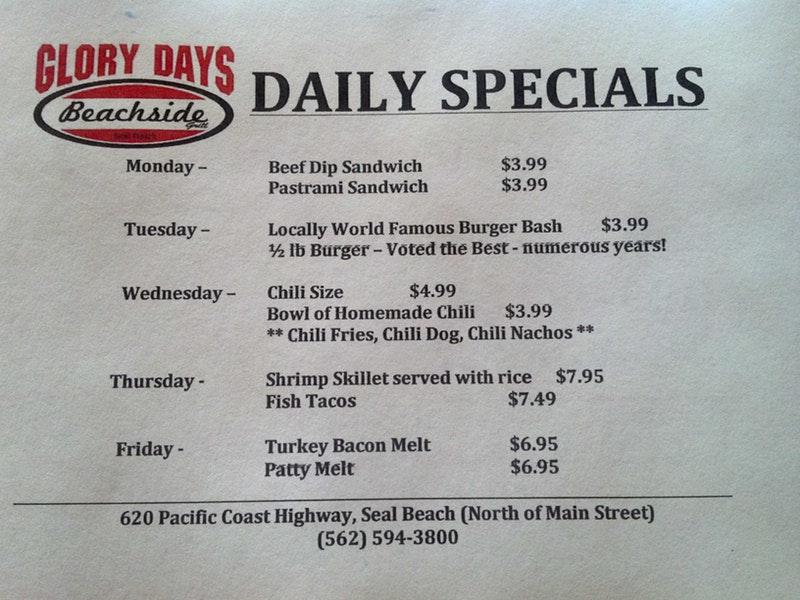 Menu at Glory Days Beachside Grill pub & bar, Seal Beach