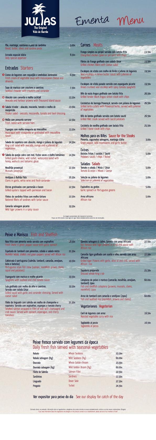 Menu at Julias pub & bar, Loulé, Praia Do Garrao Julia’s Beach