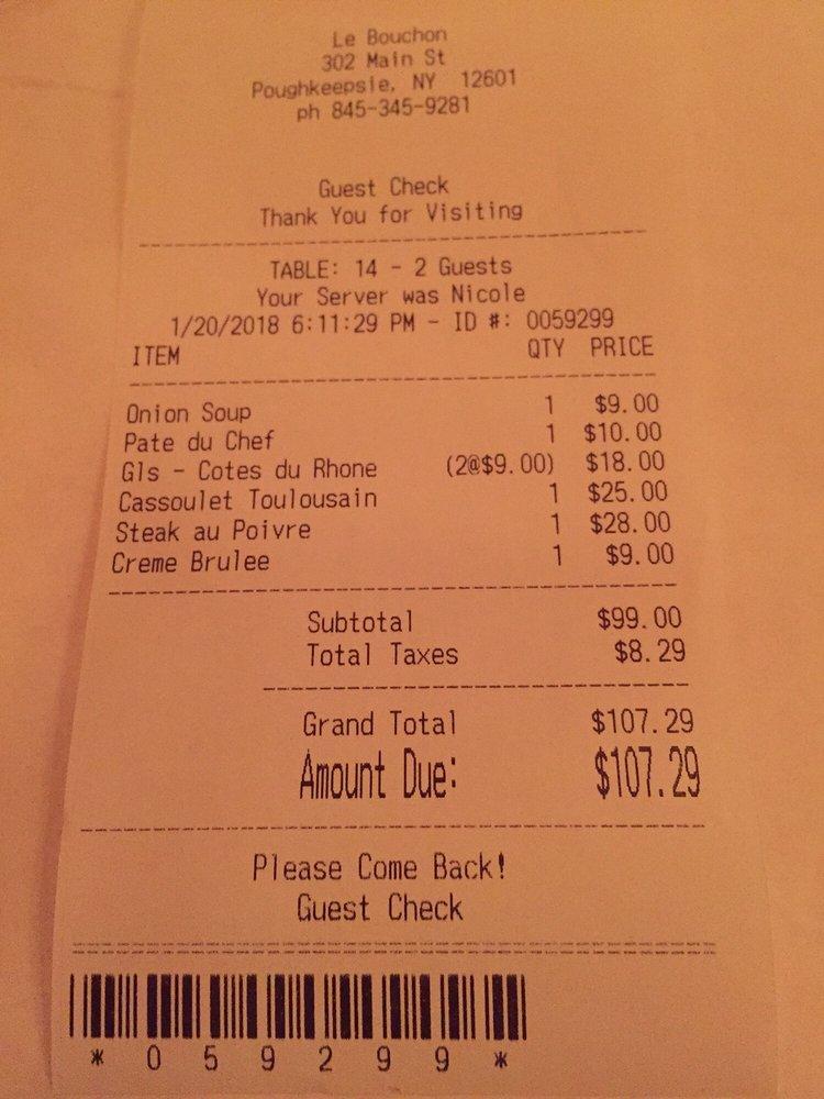 Menu at Le Bouchon restaurant, Cold Spring