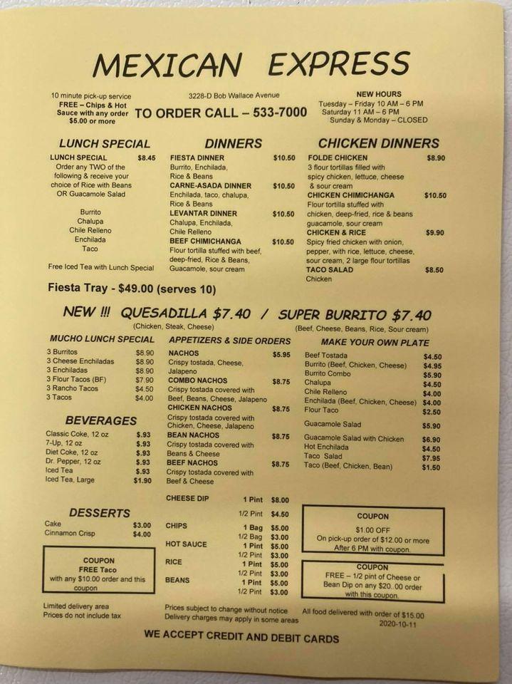 Menu at Mexican Express fast food, Huntsville, Bob Wallace Ave SW