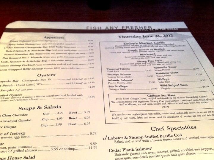 Menu at Mitchell's Fish Market restaurant, Pittsburgh, Washington Rd