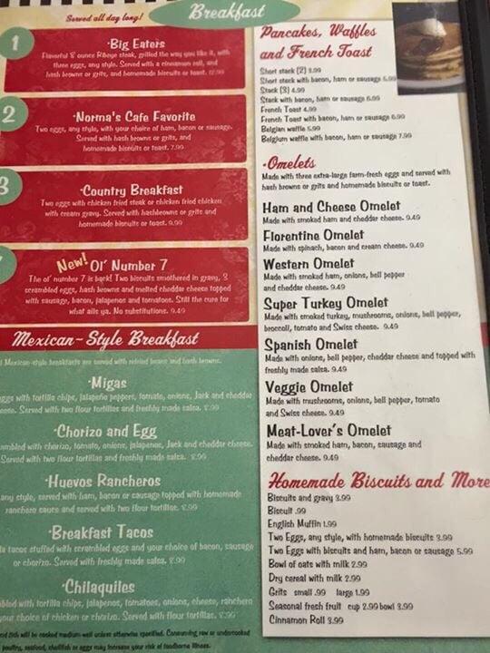 Menu at Norma's Cafe, Dallas, W Davis St
