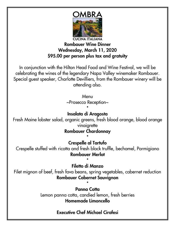 Menu at Ombra Cucina Italiana restaurant, Hilton Head Island