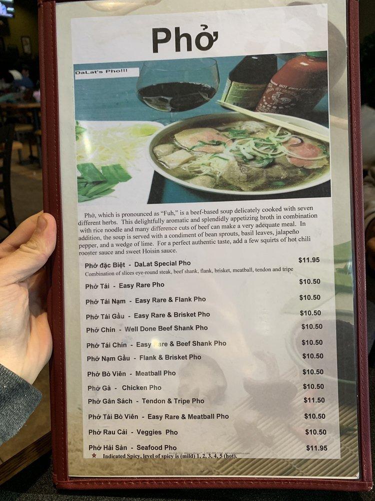 Menu at Pho DaLat restaurant, Tempe