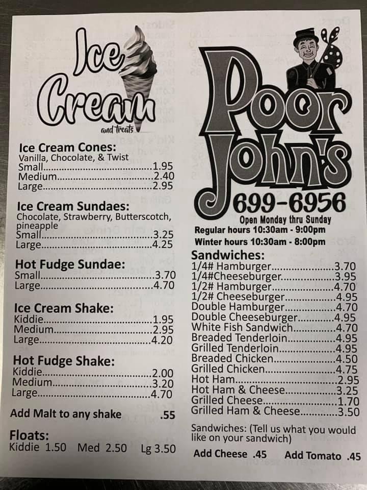Menu at Poor John’s Restaurant, Galveston