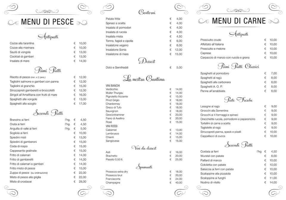Menu da Ristorante Pizzeria Sonia, Lido di Pomposa
