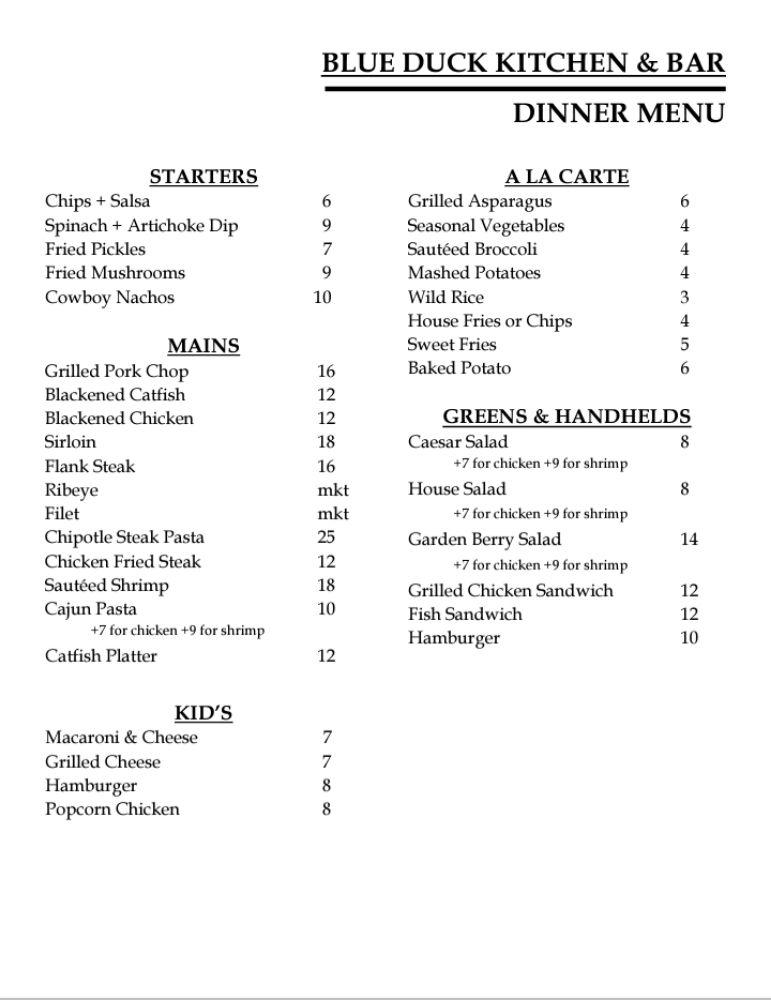 Menu at The Blue Duck Kitchen & Bar, Livingston