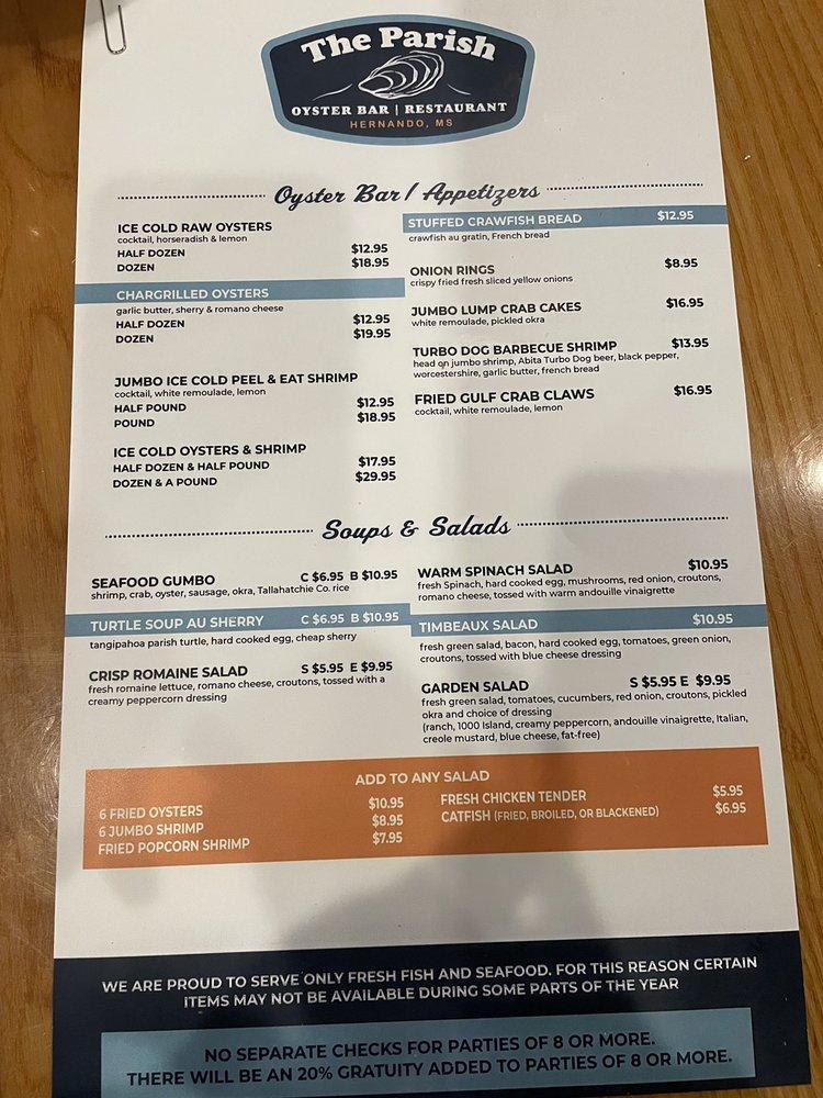 Menu at The Parish Oyster Bar & Restaurant, Hernando