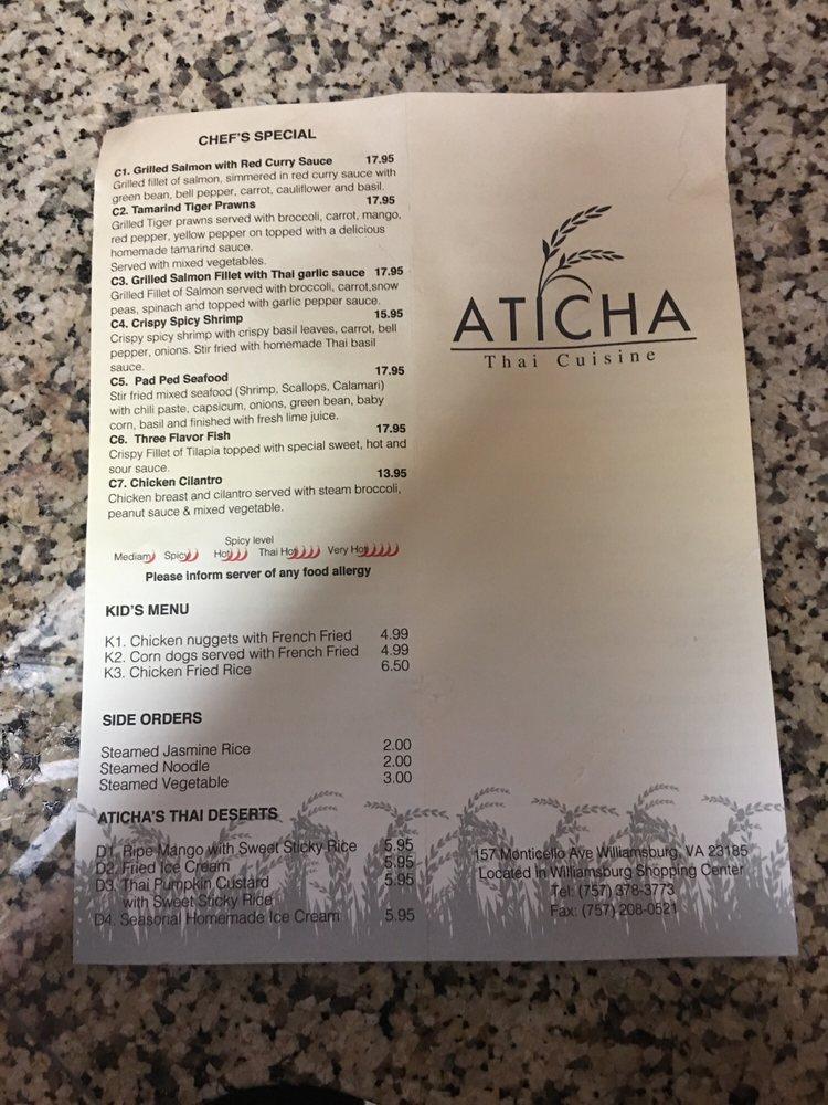 Menu at Aticha Thai Cuisine restaurant, Williamsburg, High St Unit 1106