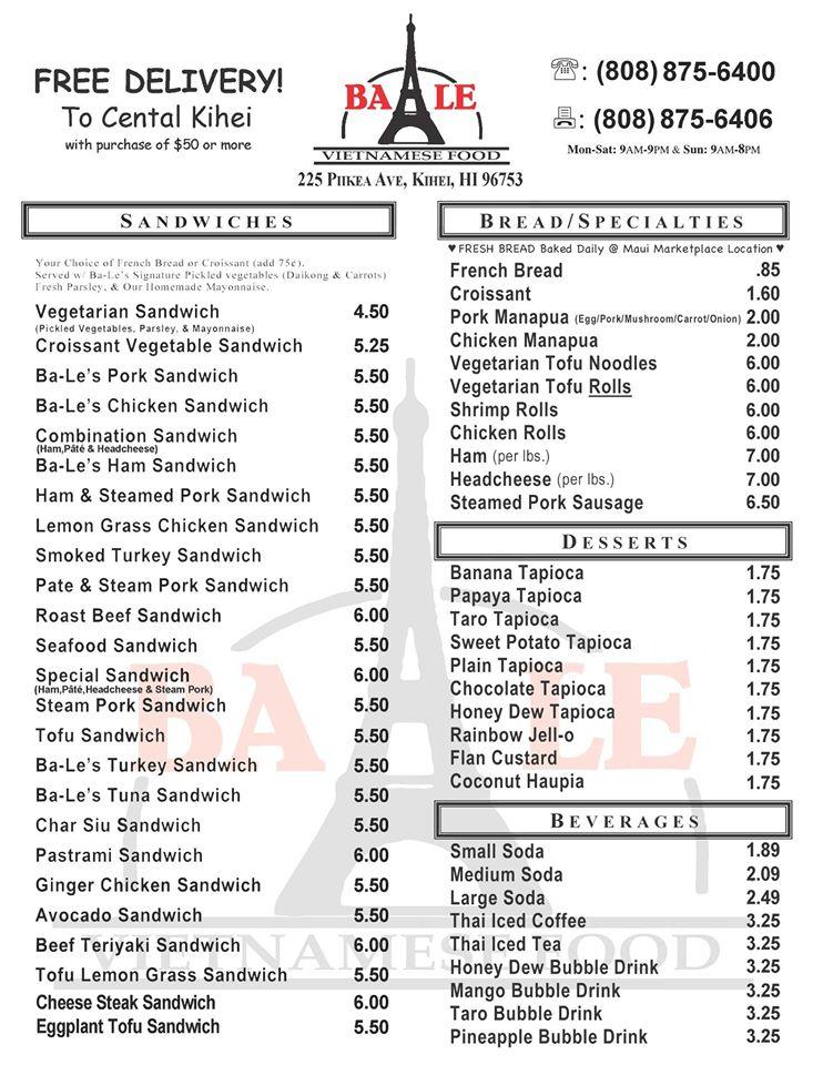 Menu at Bale restaurant, Kihei