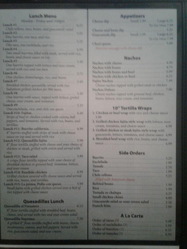 Menu at El Rincon Azteca Mexican Restaurant, Chanute